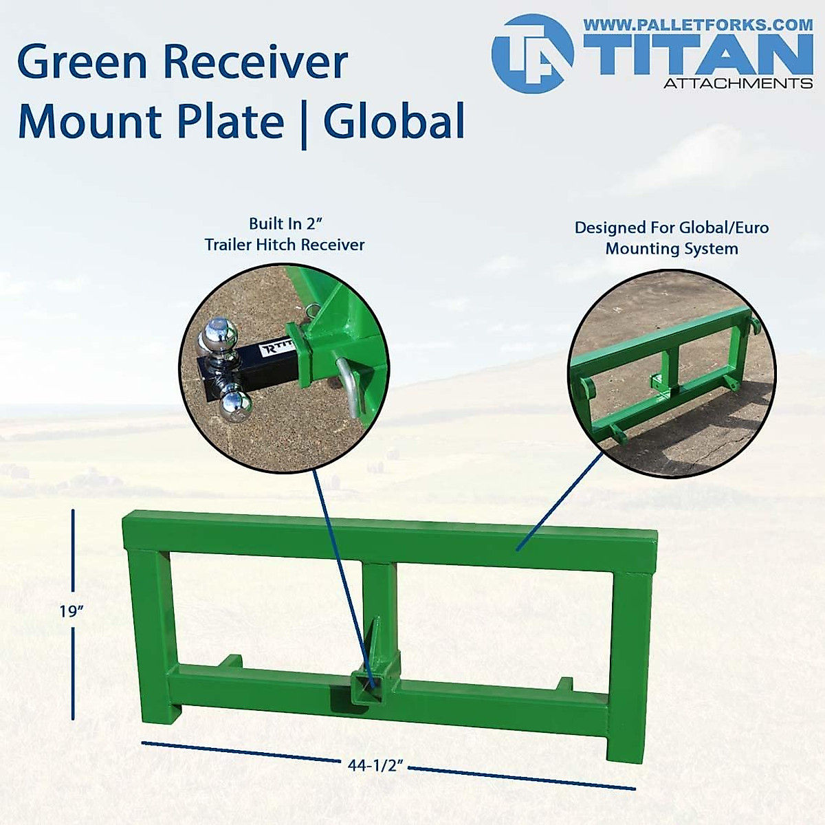 Titan Attachments Global Euro Receiver Mount Plate Fits John Deere Tractors with Global Euro Style Mounting System, 2" Receiver Hitch, 3000 LB Weight Capacity, Green Finish Steel Mount Plate Adapter
