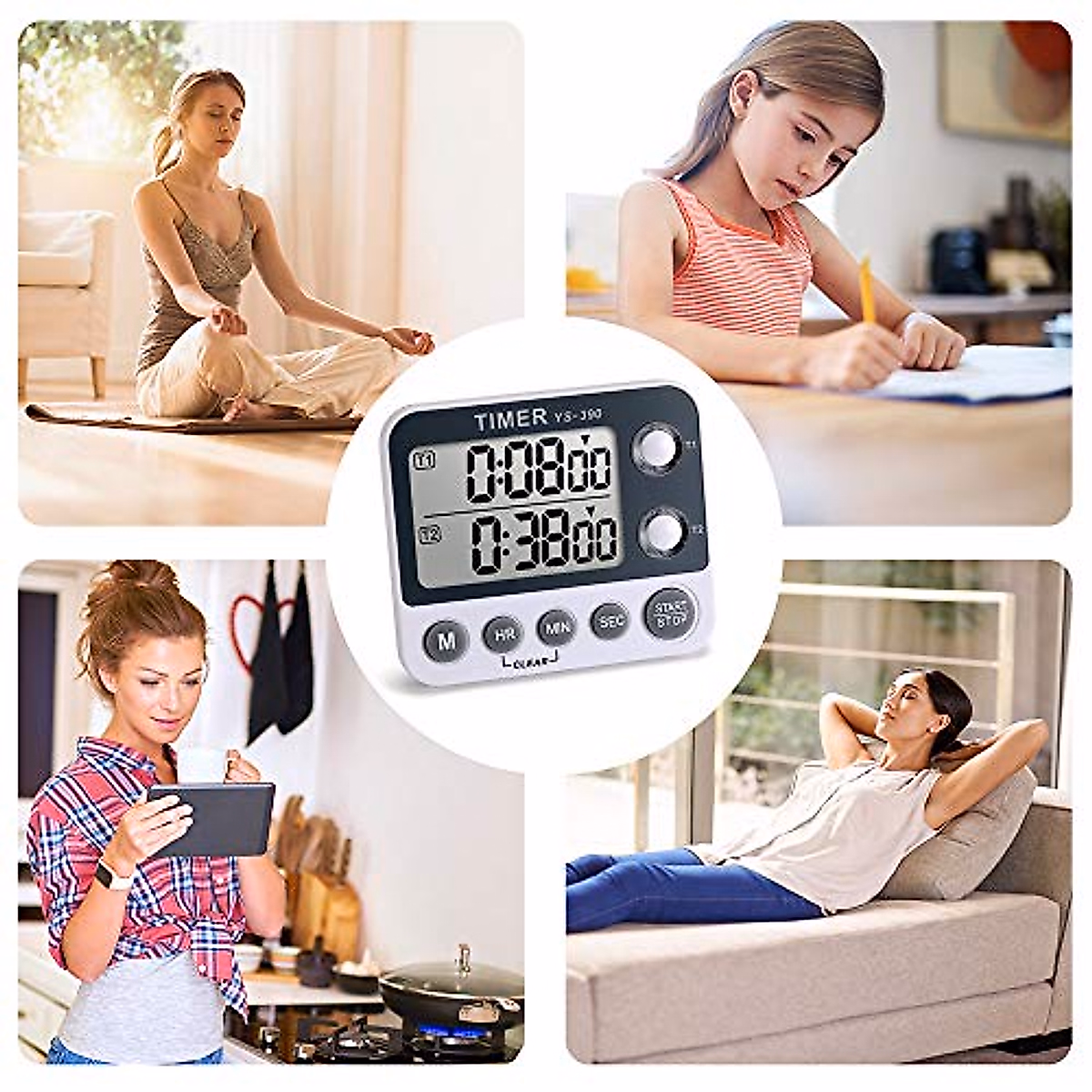 HomeMall Digital Dual Kitchen Timer, Cooking Timer, Dual Count Up ＆ Down Timer with Magnetic Back, Large Display, Adjustable Volume and Flashing Alarm Light, ON/Off Switch Stopwatch, Battery Included