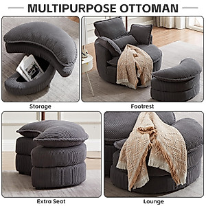 38"W Oversized Cuddle Sofa Chair Lounger with moon storage ottoman, Modern Accent Round Loveseat Circle Swivel Barrel Chairs, Swivel Chair Armchair for Bedroom, Living Room, 4 Pillows, CORDUROY(Grey)