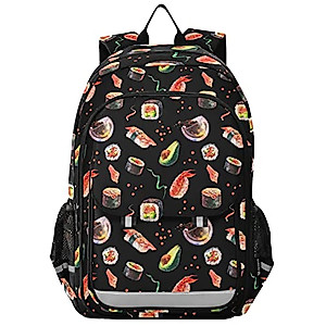 Vnurnrn Kids Backpack Japanese Sushi Print Big Storage Multi Pockets 17.7 IN School Backpack with Chest Buckle Reflective Strip for Boys Girls 6+ years in Primary Middle High School