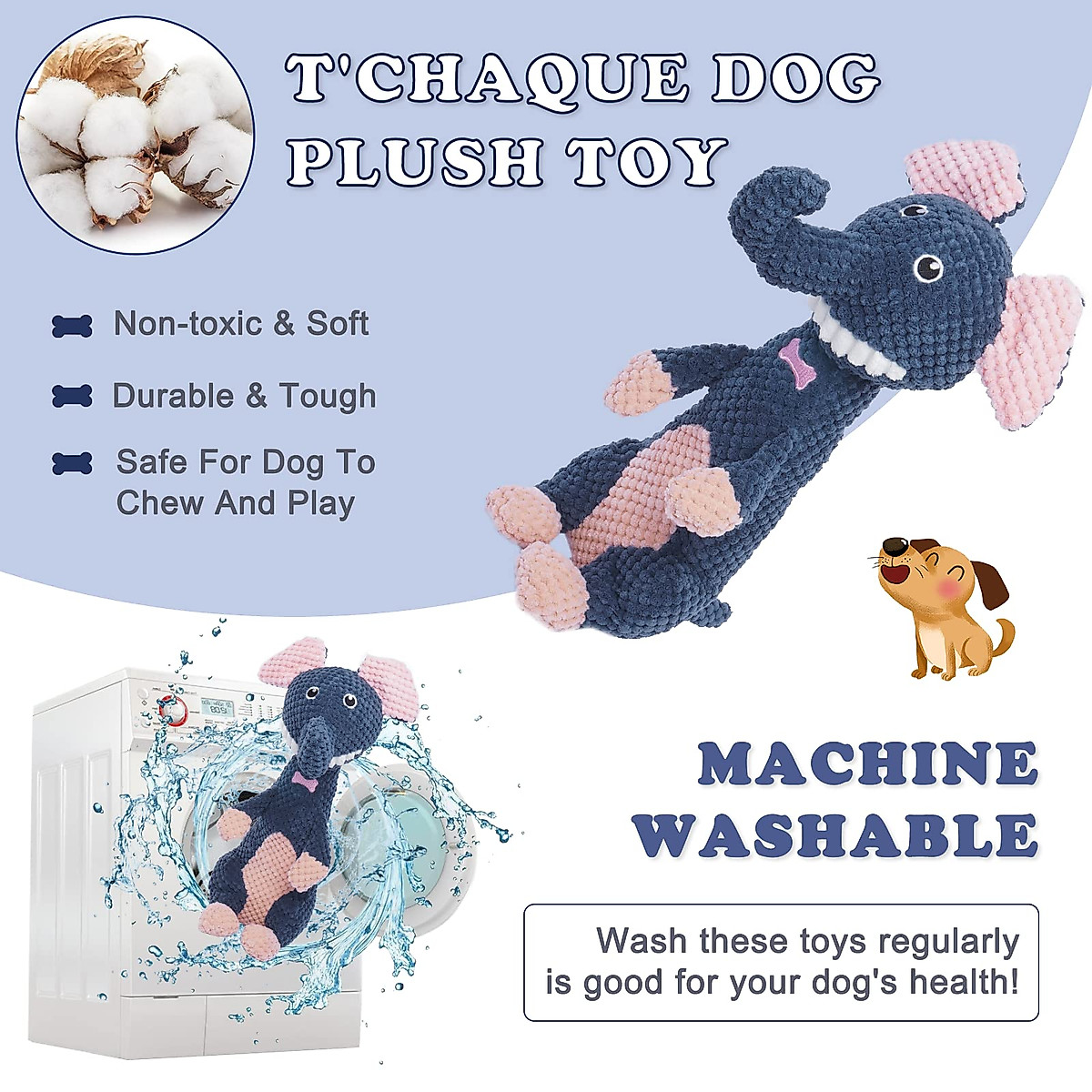 T'CHAQUE Funny Stuffed Dog Squeaky Toy, Soft Puppy Teething Chew Toy Reduce Boredom and Anxiety, Pet Plush Toys with Inner Squeaker, Tug of War Interactive Gift for Small to Large Dog Breed, Elephant