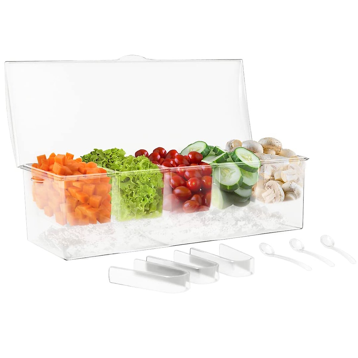 7Penn Condiment Tray with Ice Chamber, 5 Condiment Containers, Lid, 3 Tongs, 3 Spoons - Chilled Condiment Server Caddy