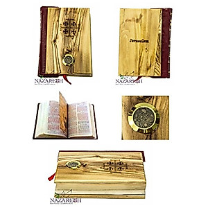 Olive Wood Hand Carved Millennium Bible Book with Holy Soil and Jerusalem Cross Holy Land