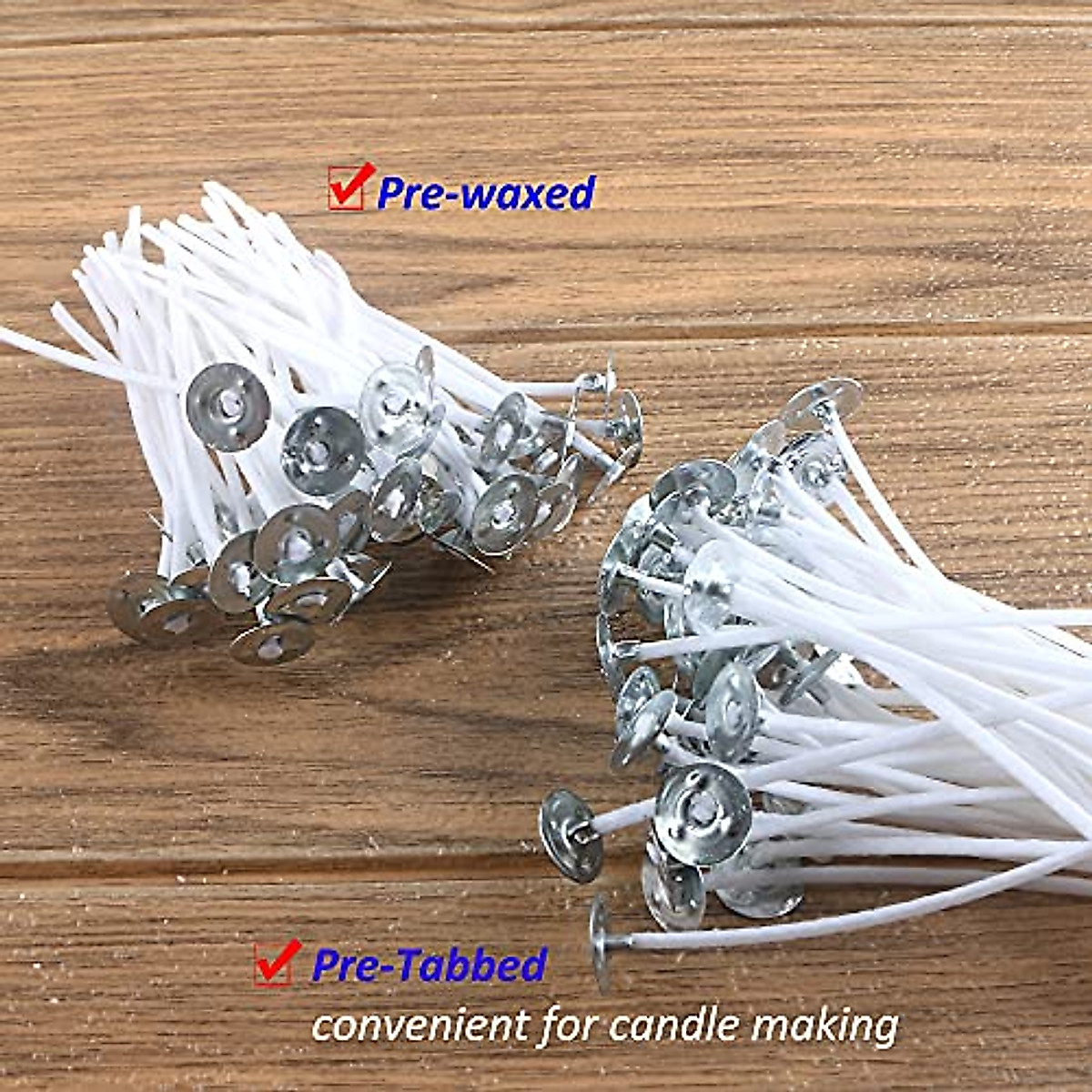 MILIVIXAY 3.5 inch Candle Wick Bundle: 100PCS Candle Wicks, 100PCS Candle Wick Stickers and 6PCS Wooden Candle Wick Holders - Wicks Coated with Paraffin Wax, Cotton Wicks Kits for Candle Making.