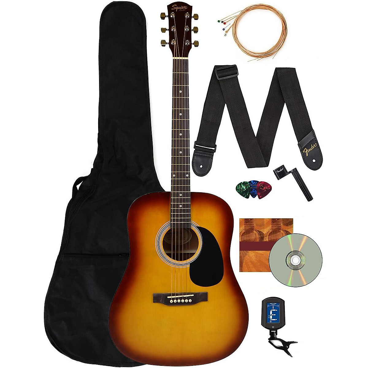 Fender Squier Dreadnought Acoustic Guitar - Sunburst Bundle with Gig Bag, Tuner, Strap, Strings, Winder, Picks, Lessons, and Austin Bazaar Instructional DVD