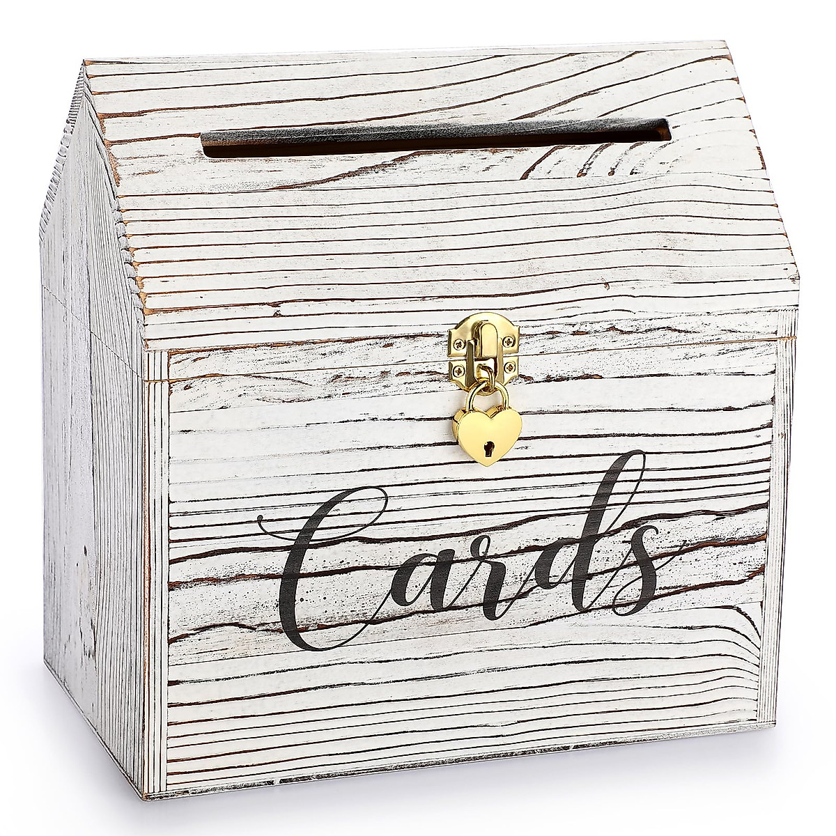 ELLDOO Wooden Wedding Card Box with Heart Lock, Rustic Gift Boxes, House Shape with Slot Decorative Wishing Card Holder Box for Wedding Receptions, Baby Shower, Birthday, Graduation, White