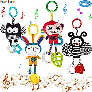 teytoy Baby Toys for 0, 3, 6, 9, 12 Months, Animal Hanging Baby Rattles, Baby Bed Crib Car Seat Travel Stroller Soft Plush Crinkle Toys for Infant, Newborn Birthday Gifts(4 Pack)