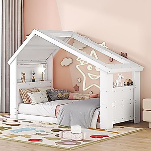 MERITLINE Twin House Bed for Kids Montessori Floor Bed with Roof Window, LED Light, No Box Spring Needed, for Girls Boys (Twin Size, White)