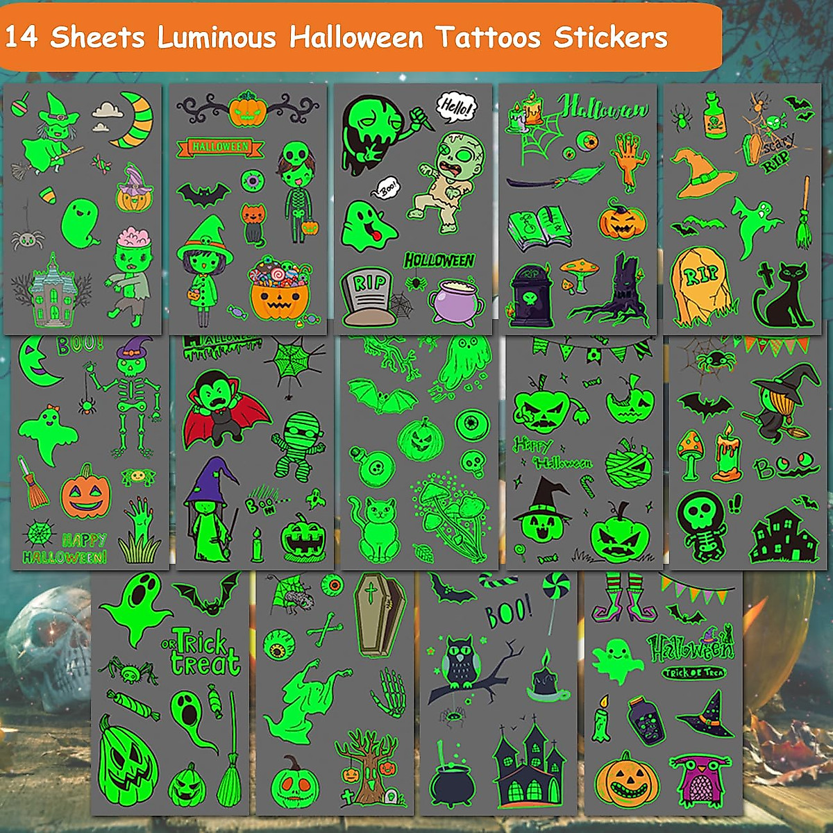 CHARLENT Luminous Halloween Temporary Tattoos for Kids Party Supplies - 120 Styles Glow in The Dark Halloween Pumpkin Skeletons Tattoos for Boys Girls Halloween Party Favors Treats Goodie Bag Fillers