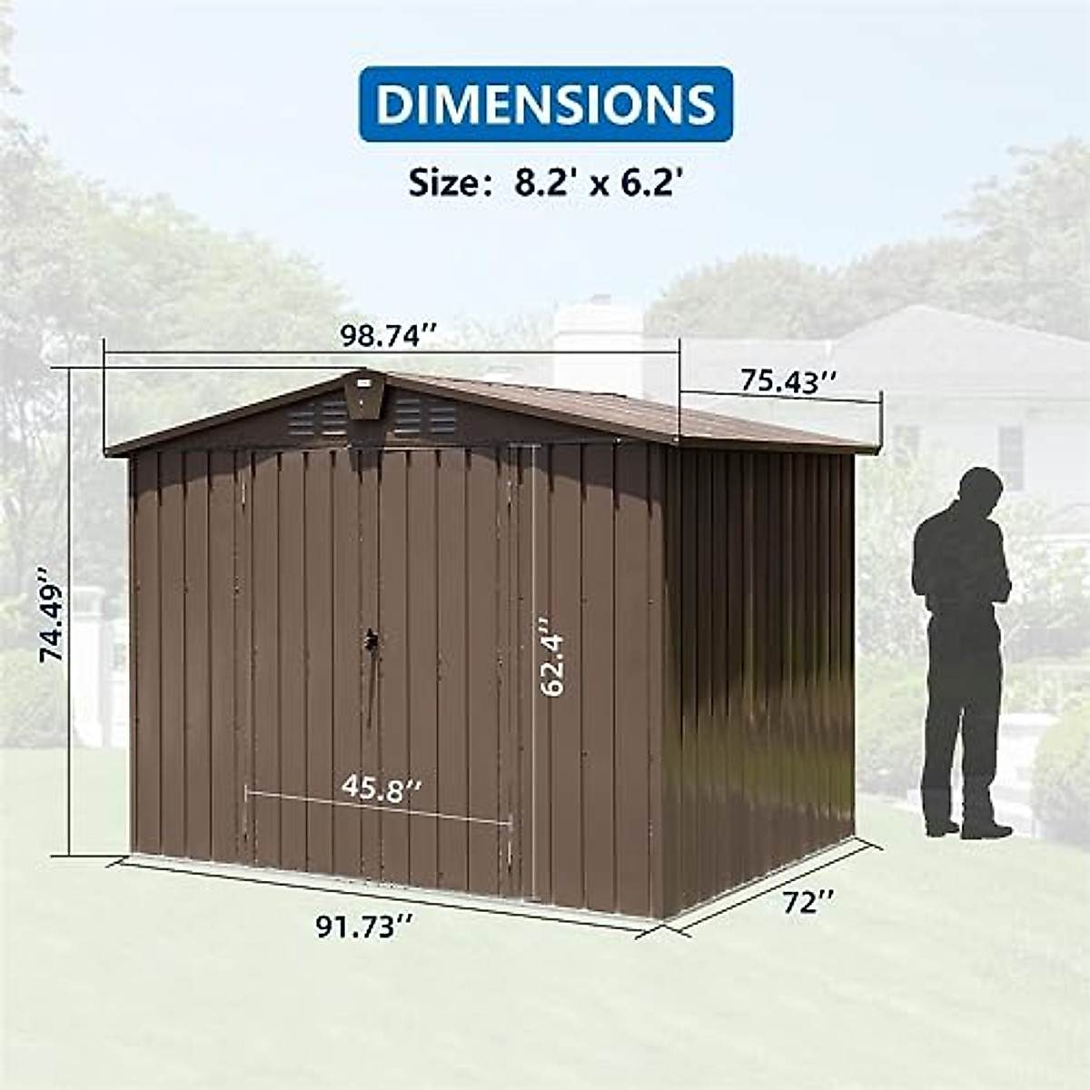 UBGO Outdoor Storage Shed 8.2' x 6.2',Garden Tool Storage Shed,Metal Steel Utility Tool Shed Storage House with Double Lockable Doors & Air Vents for Backyard Patio Garden Lawn-Brown