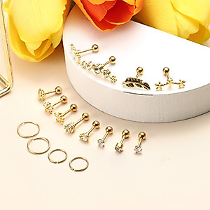 SAILIMUE 16Pcs 16G Studs for Women Surgical Stainless Steel Helix Tragus Couch Hoop Piercing Earrings Set Opal Shiny CZ Cartilage Earrings Silver/Gold/Rose Gold Tone