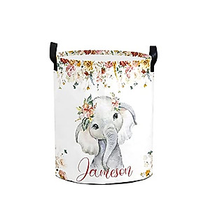 Personalized Laundry Basket for Boys Girls with Name Flowers Custom Baby Laundry Hamper with Handle Collapsible Clothes Storage Bathroom Living Room Bedroom Decor (Baby Elephant)