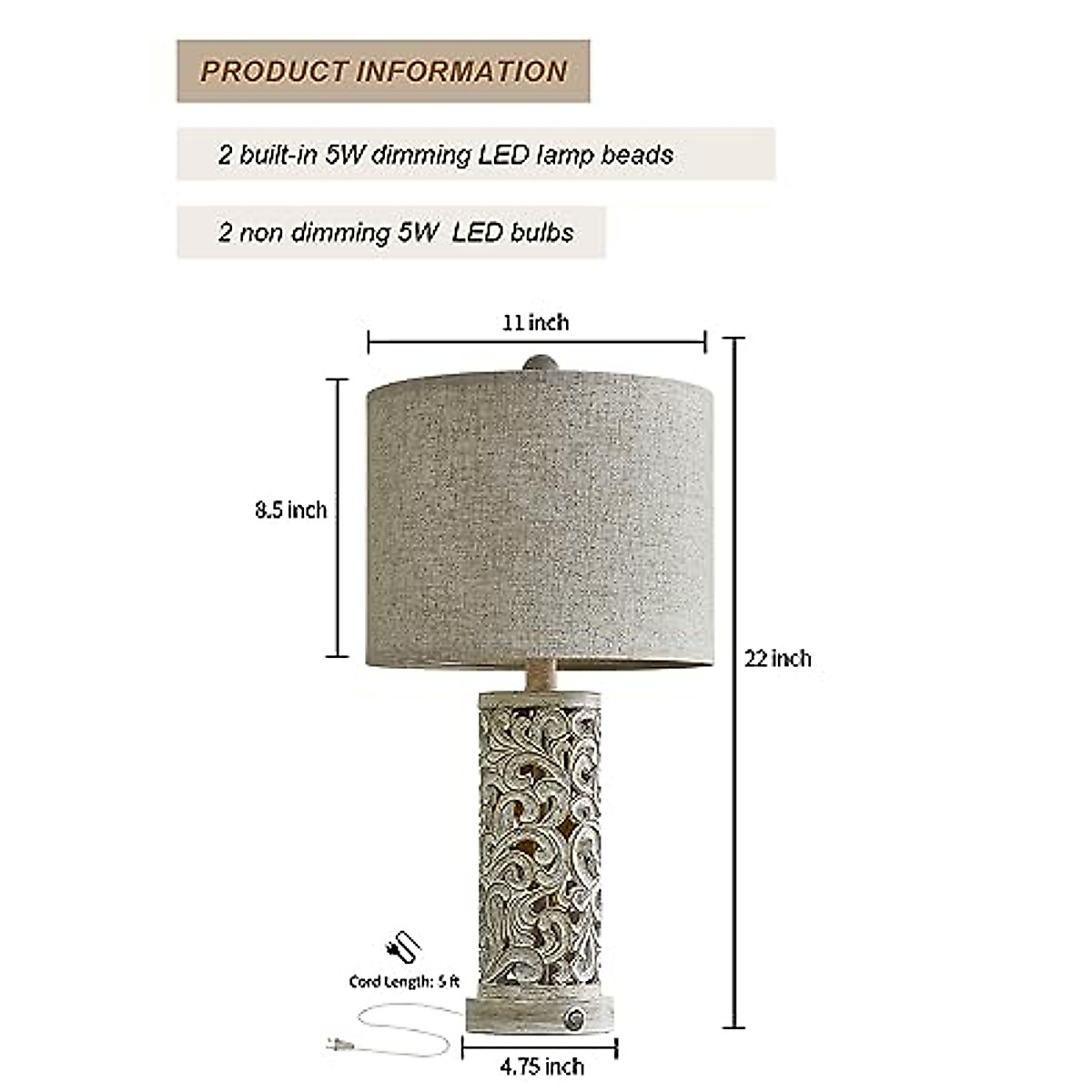 OYEARS 3-Way Dimmable 22'' USB A+C Touch Control Table Lamp Set of 2 with Nightlight for Living Room Bedroom Farmhouse Bedside Nightstand Lamps (2 Bulbs and 2 Built-in LED Beads Included)