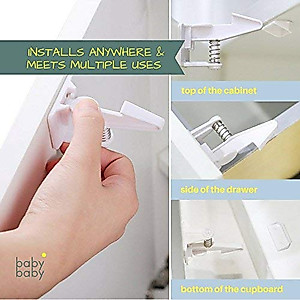 Baby Proofing Cabinet Locks (12 Pack) Includes Drawer Latch + 6 Wall Plug Covers - Adhesive Easy Installation Cabinet Locks For Babies (White)