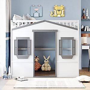 Harper & Bright Designs Full Size House Loft Bed for Kids, Wood Full Loft Bed with Door and Windows House Design, Playhouse Bed Full with Underbed Space for Girls Boys Bedroom, White +Grey