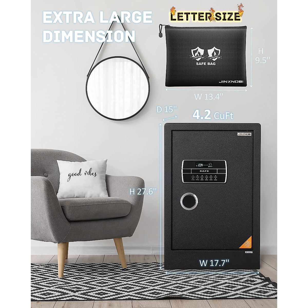 JINXNOBI Large Safe Box ,4.2 Cubic Feet Home Safe Box with Fireproof Waterproof 27.6in Security Big Safe with Electronic Keypad Digital Lock for Office Hotel
