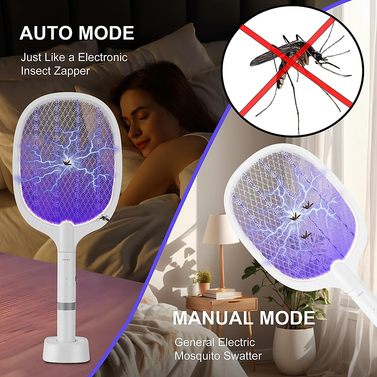 Electric Fly Swatter Rechargeable 4000V High-Volt Bug Zapper Racket, 2-in-1 Detachable Bug Swatter Mosquito Killer with Purple Light & 3-Layer Safety Nets Portable Fly Zapper for Indoor Outdoor