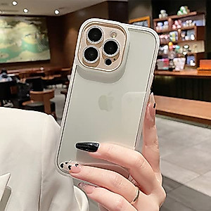 MZELQ for iPhone 14 Pro Max Case Cute with Metal Bling Camera Lens Cover Sparkly Diamond Crystal Back Clear & Matte Bumper Silicone Shockproof Protective Case for Girls and Women - Gold