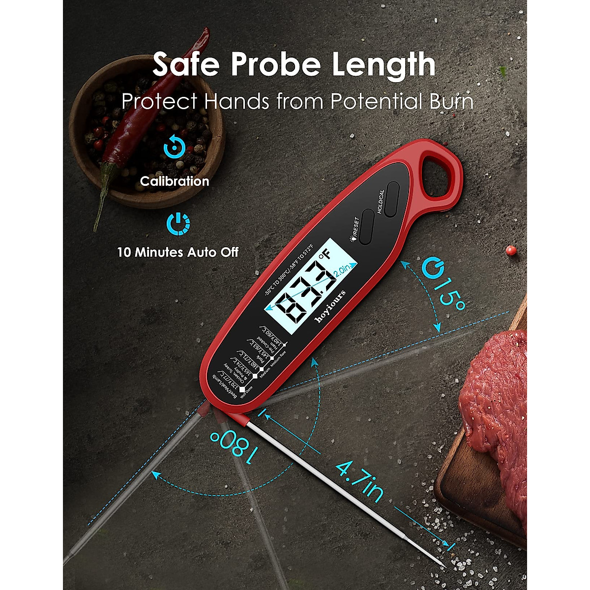 hoyiours Digital Meat Thermometer, Waterproof Instant Read Food Thermometer for Cooking with Foldable Probe, Backlight and Magnet, Kitchen Thermometer for BBQ, Roast Turkey, Grill, Baking