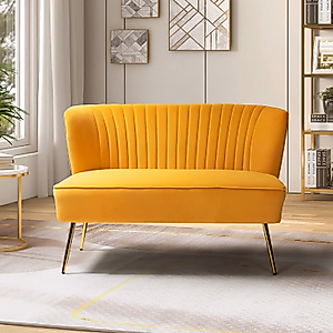 TINA'S HOME Contemporary Velvet Loveseat Sofa, Upholstered Loveseat Couch with Golden Metal Legs, Small Tufted 2-Seat Sofa Armless Love Seat for Living Room, Bedroom, Apartment Small Spaces, MUSTARD