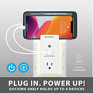 Bell+Howell Wall Power 7908 Surge Protector with Night Light (Automatic) and Device Holder, 5 Outlets 2 USB Ports Electrical Extender, White, 5.5" As Seen On TV