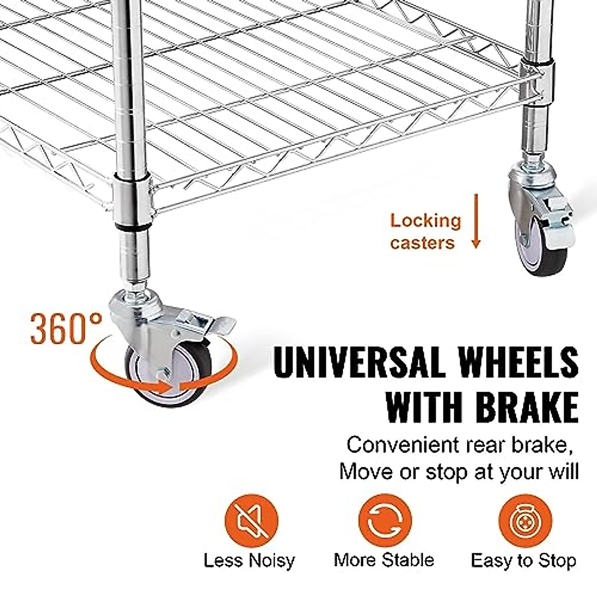 VEVOR Kitchen Utility Cart, 20"x24"x36.6" 3 Tiers Wire Rolling Cart, 470LBS Capacity Steel Service Cart with Brake Wheels, Storage Trolley with 76mm Basket PP Liner 6 Hooks, for Indoor & Outdoor Use