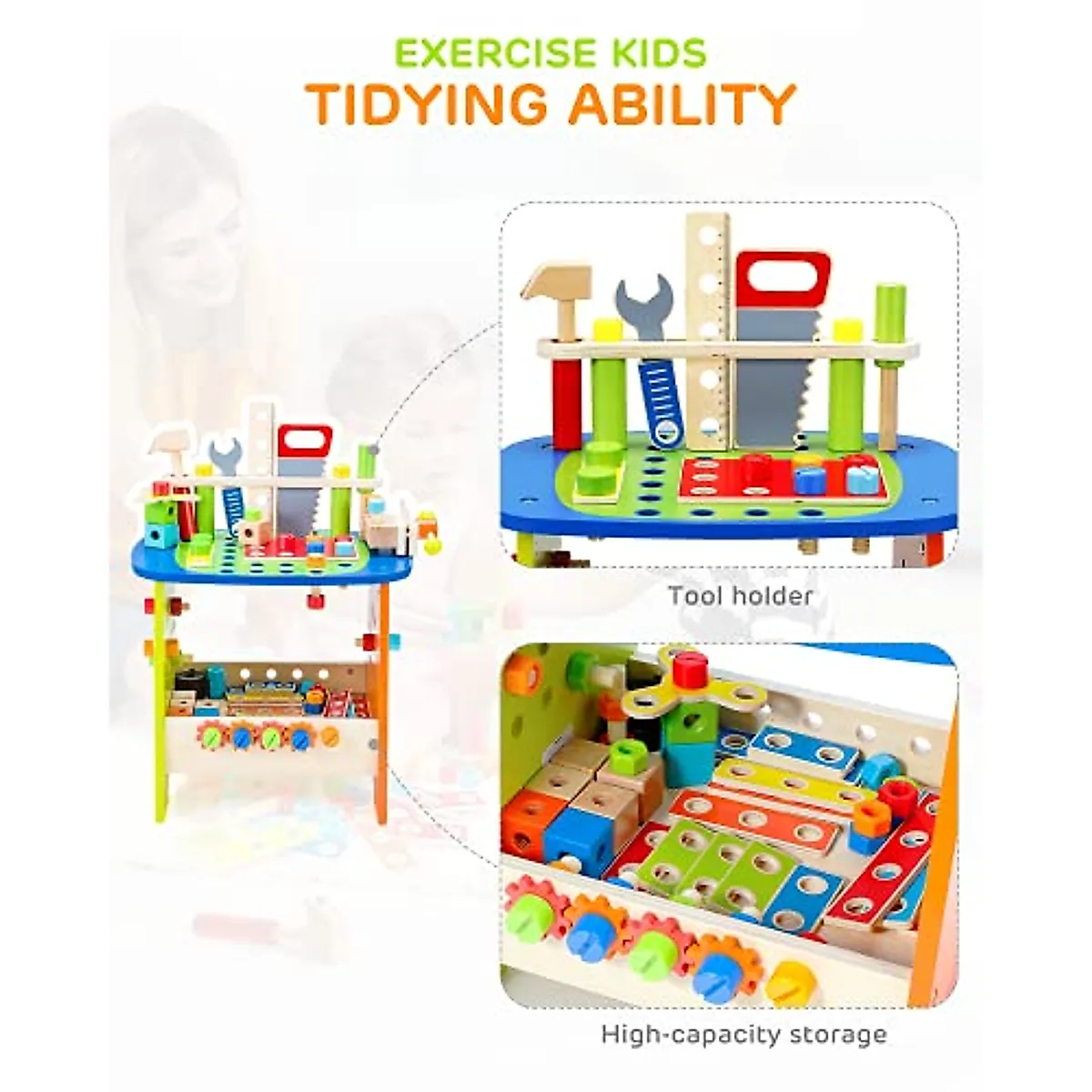 Ohuhu Tool Workench Toy Set, Kids Toy Play Workbench, Kids Wooden Tool Bench Workshop, Workbench with Tools Set (89 Piece Set), Wooden Construction Bench Toy for Boys Girls Age 3 4 5 6 7