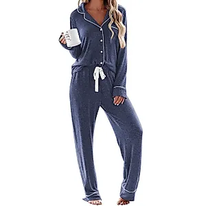 EkouaerWomen's Winter Warm Long Sleeve Sleepwear Soft Loungewear Nightwear 2 Piece Sleep Set (Dark Blue,S)