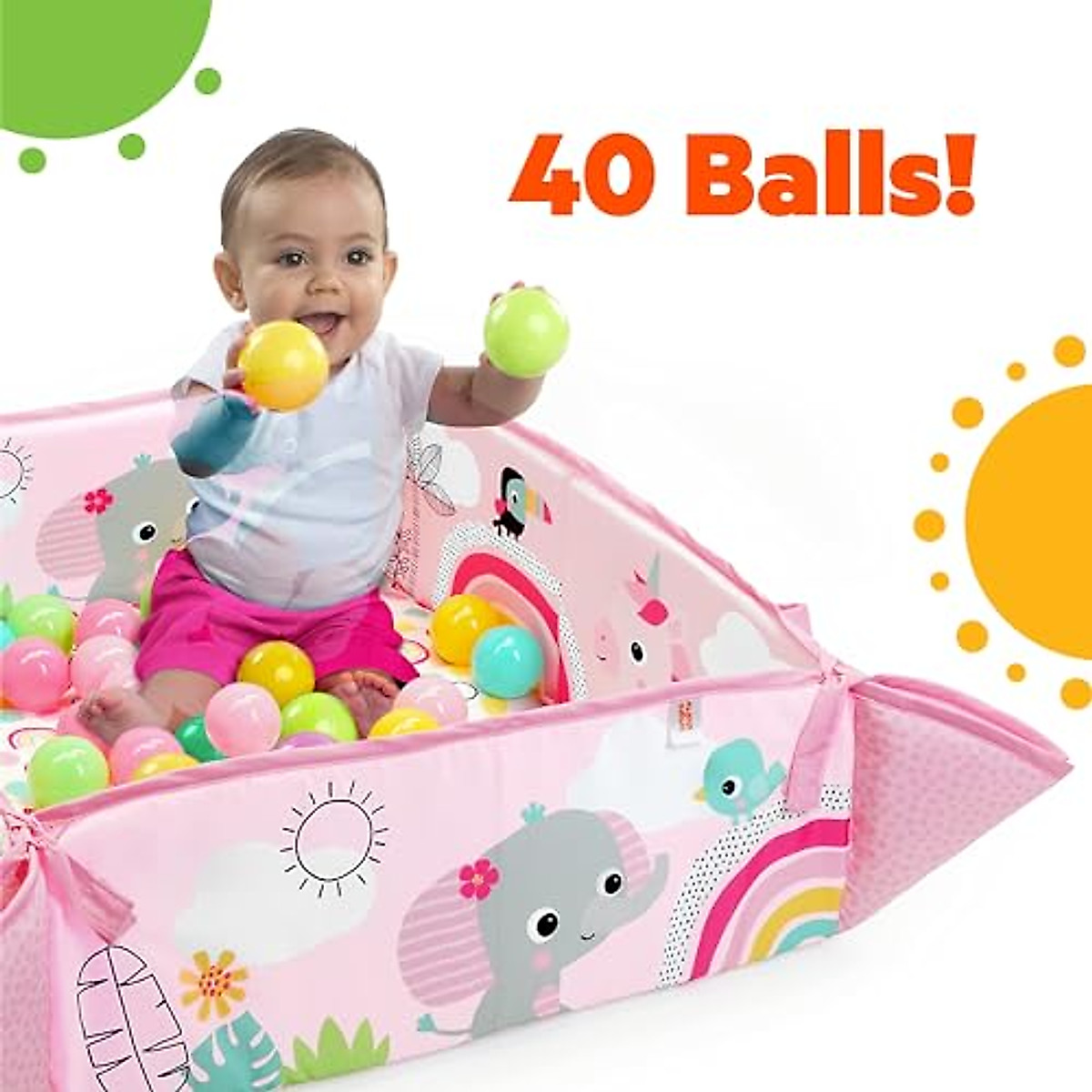 Bright Starts 5-in-1 Your Way Ball Play Baby Activity Play Gym & Ball Pit, Includes 7 Toys, Newborn to Toddler - Rainbow Tropics (Pink)