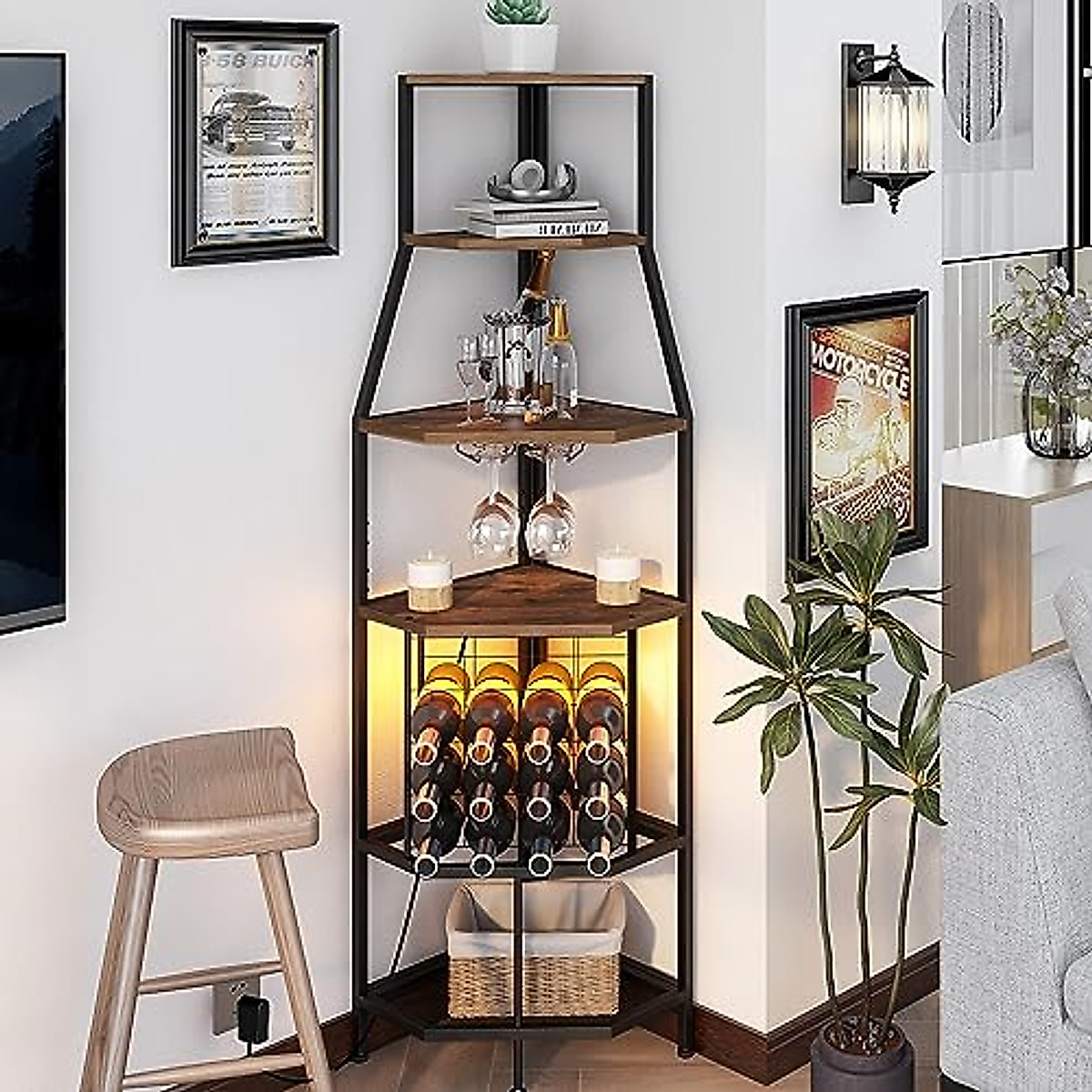 Espelism 5-Tier Corner Wine Rack Freestanding Floor with Glass Holder and Bottles Wine Storage Industrial Bar Cabinets with LED Light for Liquor and Glasses for Living Room Kitchen Home Bar