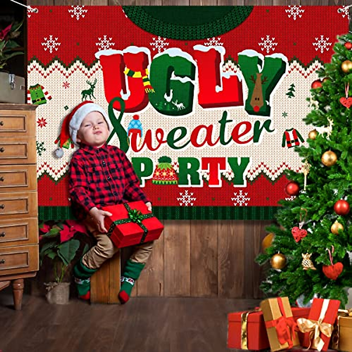 Ugly Christmas Sweater Party Decorations-Ugly Sweater Party Backdrop Supplies,5x3ft Vinyl Christmas Ugly Sweater Photo Prop Background Banner for 2022 Winter Christmas Holiday Supplies