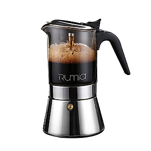 Rumia Stainless Steel &Glass Stovetop Moka Pot，Classic Italian Style Espresso Cup Moka Pot，Easy to Operate & Quick Cleanup Moka Pot (6 Cup)