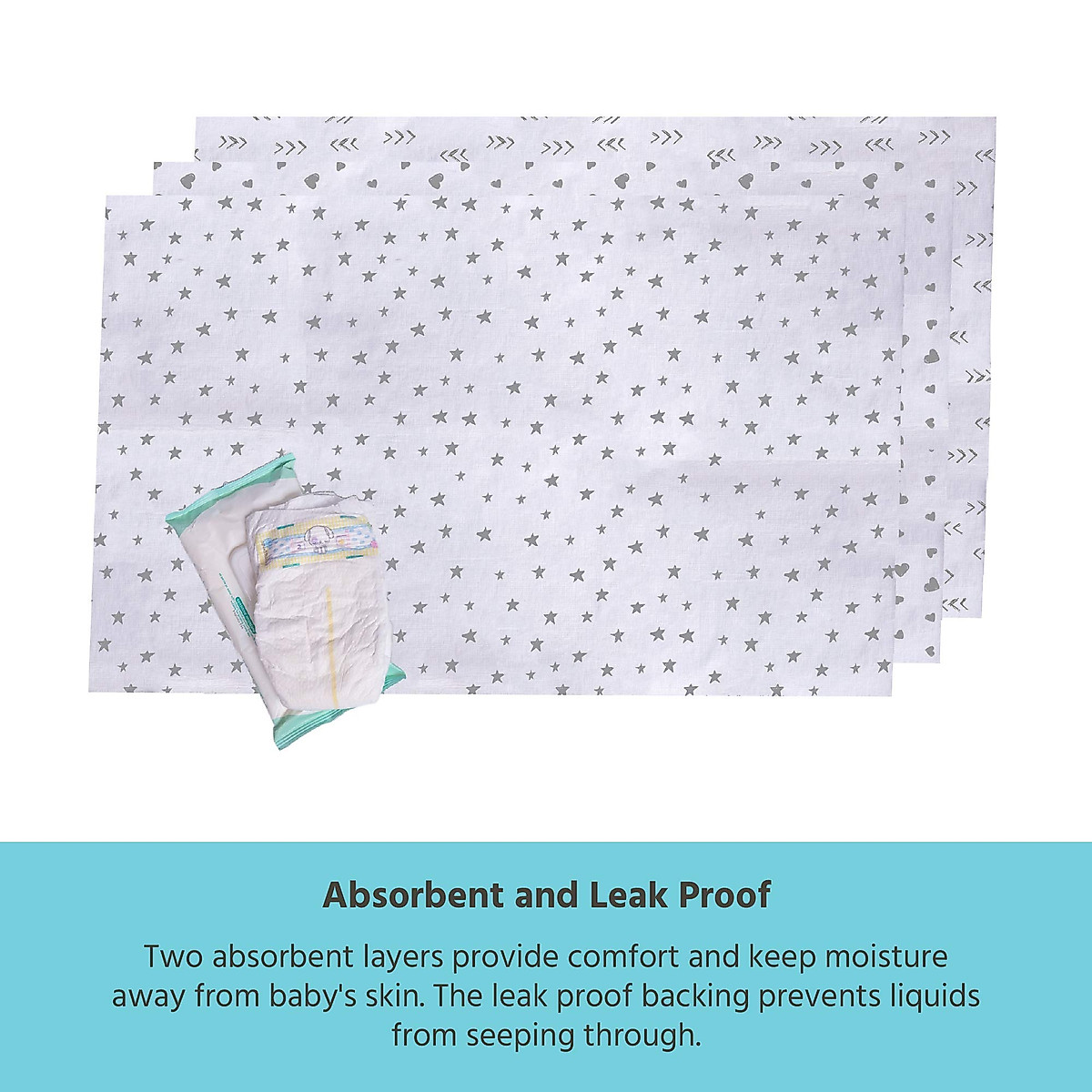 J.L. Childress Healthy Habits Disposable Changing Pads for Baby - Absorbent, No-Leaks, Diaper Changing Table Liners - Disposable Travel Changing Pads, 26" x 18" - Stars/Hearts/Arrows - Pack of 24