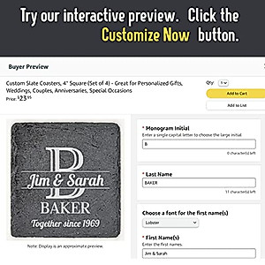 Custom Engraved Slate Coasters, 4" Square (Set of 4 or Set of 6) - Great for Personalized Gifts, Weddings, Couples, Anniversaries, Special Occasions