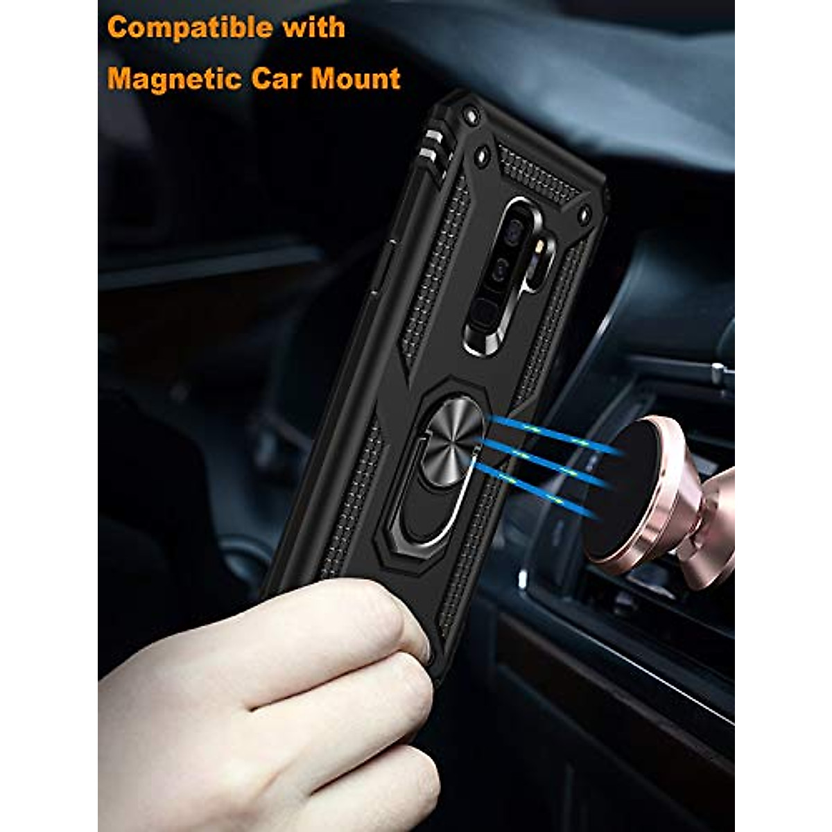 Galaxy S9 Plus Military Grade Case, 16ft Drop Tested, Magnetic Ring Kickstand, Car Mount Compatible, Slim Fit Protective Cover - Black