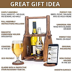 Wood Wine Bottle Glasses Caddy - Beer Carrier - Drinking Desk Accessories - Craft 4 Pack bottle Case - Men's Wine Organizer - Glass tray holder - Wine storage stand - Drink Holder for beer, for wine