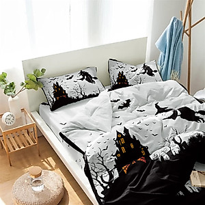 Chucoco Queen Duvet Covers Set Halloween Black Witch Broom 4 Pcs Bedding Sets Brushed Microfiber Quilt Covers Lightweight Cozy Flat Sheet with 2 Pillowcases Haunted House Graveyard Bats