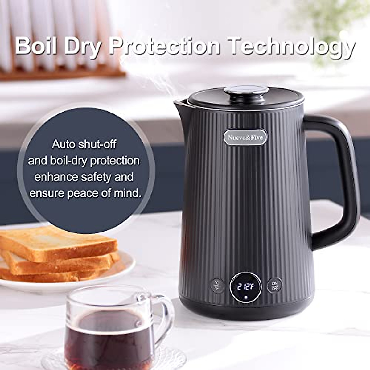 Nueve&Five Electric Kettle with Digital Temperature Display(℉/℃), 1.7L Double Wall Electric Hot Water Kettle, Auto Shut Off, 1200W Seamless 304 Stainless Steel Electric Tea Kettle -Black