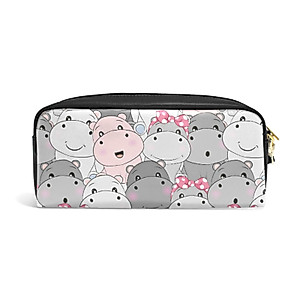 Sletend Large Capacity Pencil Case Hippo Cartoon Portable Pencil Bag PU Leather Comestic Makeup Bag Organizer Make up Pouch with Handle for Boys Girls Adults Students