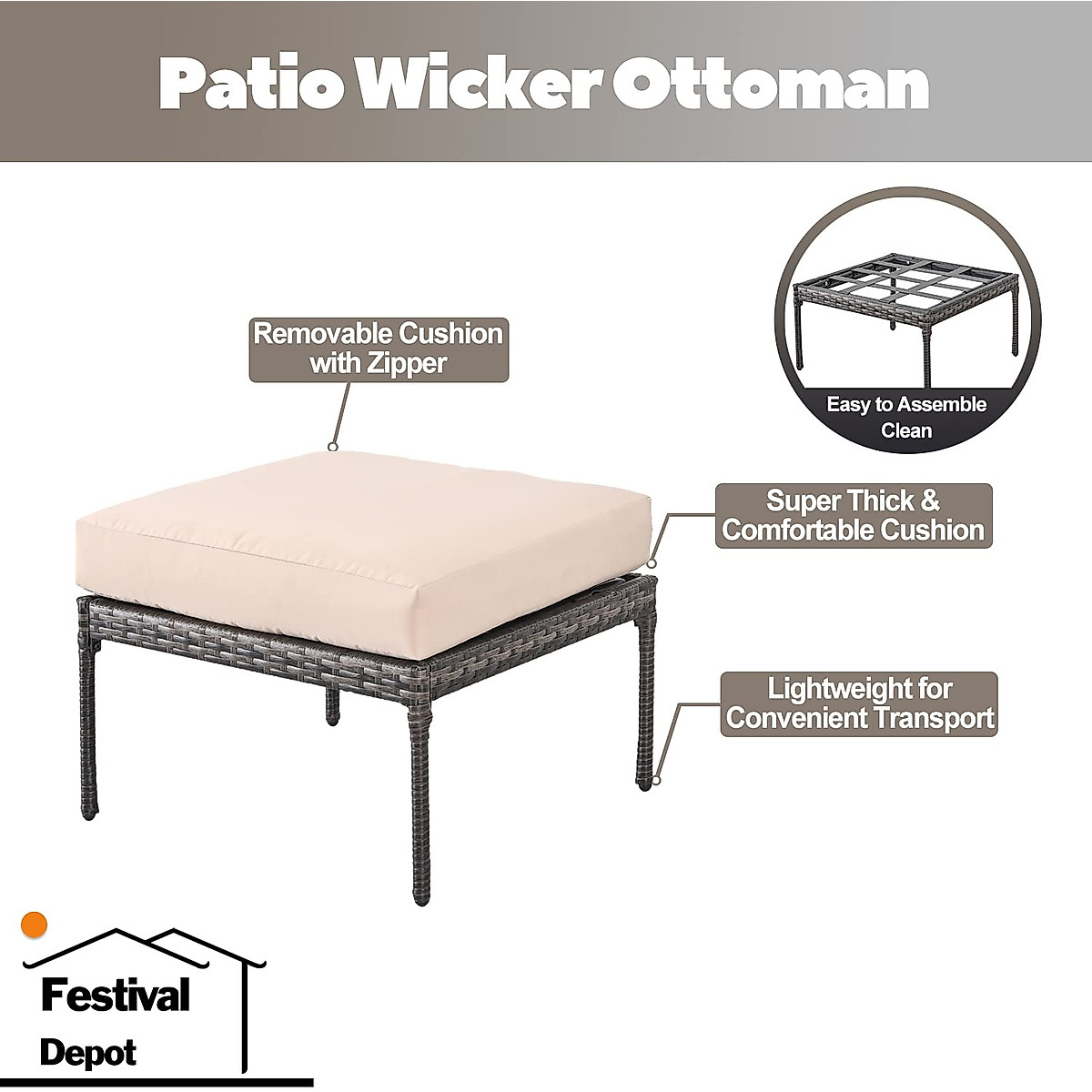 Festival Depot Patio Wicker Ottoman, All-Weather Rattan Sectional Square Footrest Outdoor Furniture with Metal Frame Removable Cushion for Garden Pool Backyard Lawn (Beige)