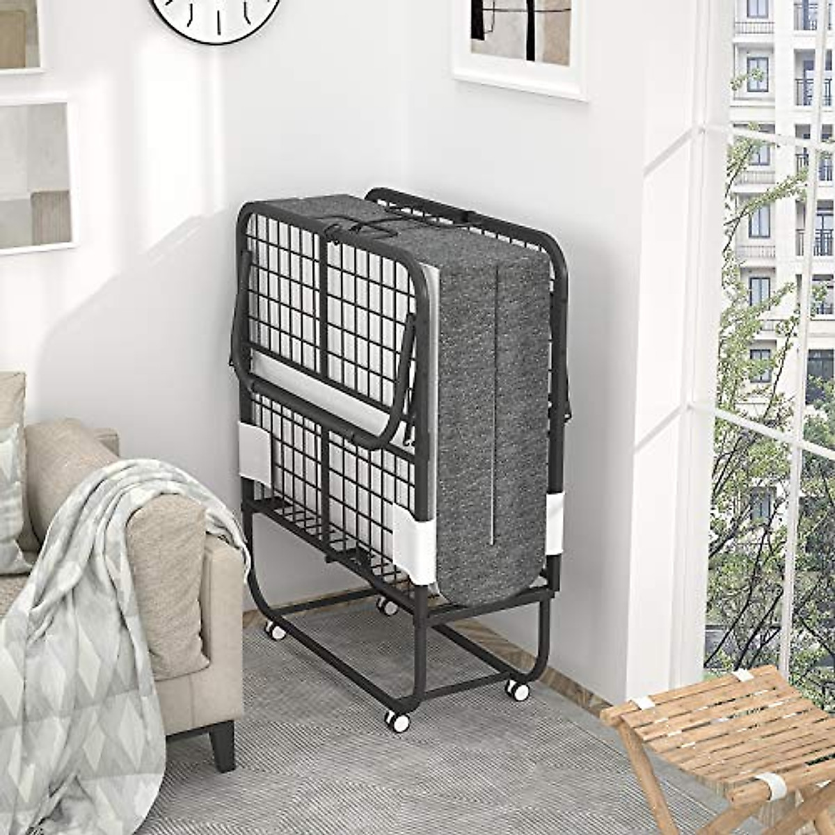 Karcog Folding Bed with Mattress, Rollaway Bed Storage Cover Included, Portable Foldable Guest Bed for Adults, Cot Size Fold up Bed with Memory Foam Mattress and Metal Frame on Wheels - 75” x 31"