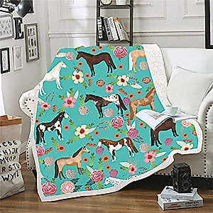 Horse Blanket Various Horse 3D Printing Throw Blanket Super Soft Flower Fleece Blanket Animal Horse Sherpa Blanket Horse Gifts for Girls and Women Sofa Couch Bed and Office (Green, 51 X 59 in)