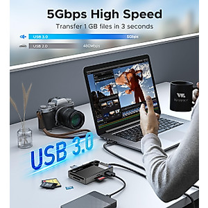 SD Card Reader USB 3.0, WARRKY [2.5FT Nylon Braided, Extra USB 3.0 Ports, 5Gbps] 7 in 1 Memory Card Reader, Micro SD Card Adapter for microSD, SDXC, SDHC, CF, MS, MMC, Micro SDXC/SDHC, UHS-I, More