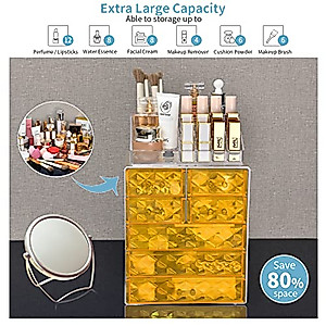 COMVTUPY Clear Makeup Organizer with Brush Holder, Large Acrylic Cosmetic Display Cases Diamond Pattern Make Up Organizers and Storage for Vanity, Bathroom (3 Large, 4 Small Drawers, Yellow)