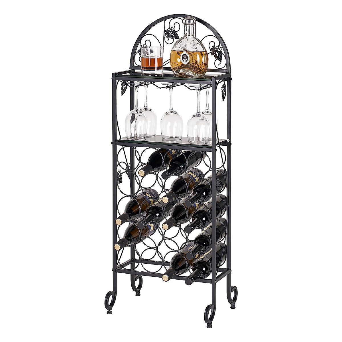 VECELO Freestanding Wine Rack Bar Table Holder, Tempered Glass Top, Liquor Display Shelf Stand for Home Kitchen Pub, 20 Bottles, Black