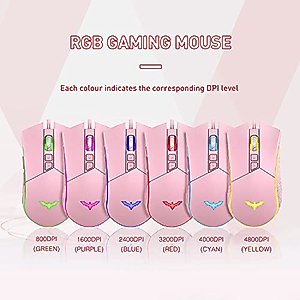 Havit RGB Gaming Mouse Wired Programmable Ergonomic USB Mice 4800 Dots Per Inch 7 Buttons & 7 Color Backlit for Laptop PC Gamer Computer Desktop (Pink) (Renewed)