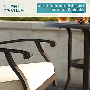 PHI VILLA Outdoor Swivel Bar Stools, Cast Aluminum Patio Pub Height Swivel Arms Chairs with Seat Cushion, Set of 2, Easy Assemble