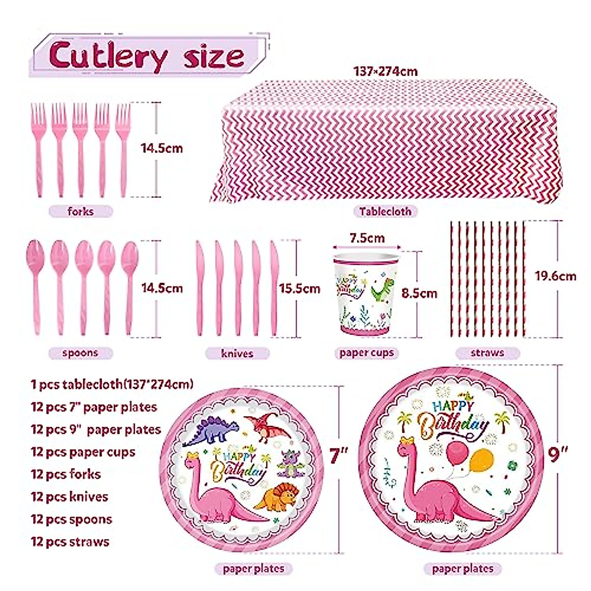 Party Spot! 150 pcs Dinosaur Birthday Party Supplies For Girls (Serves 12), Pink Dinosaur Party Decorations, 50 pcs Latex Balloons, 12 sets Tableware, Plates, Tablecloth, Installation Tools