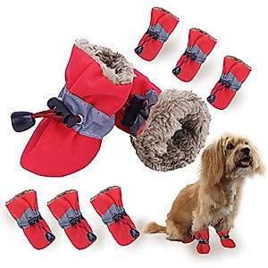 LUZGAT Dog Boots Paw Protectors,Small Dog Winter Boots Shoes,with Anti-Slip Sole and Plush for Warm Snow Outdoor Walking,Pack of 8(Red+Red.Size 3)