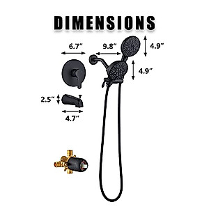 Black Shower Faucet Set with Tub Spout, 48-Setting Dual Shower Head and Faucet Sets Complete, 3-Way Diverter Tub and Shower Faucet Combo, Single Handle Tub and Shower Trim Kit (Valve Included)